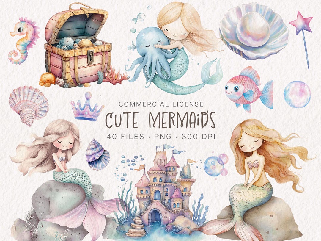 Watercolor Cute Mermaid Clipart, Mermaids PNG, Pastel Baby Mermaid Clip ...