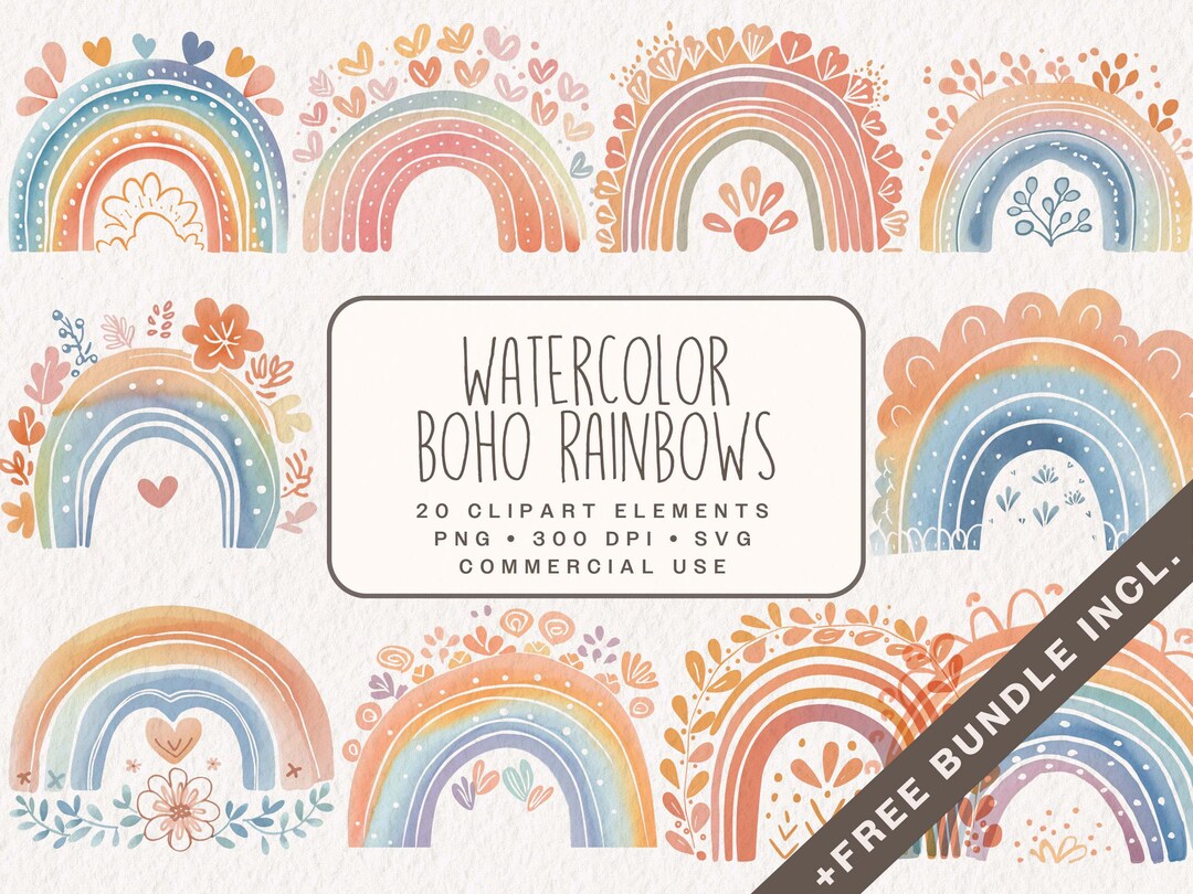 Watercolor Boho Rainbows Clipart Bundle, Pastel Rainbow SVG, Cute Boho ...