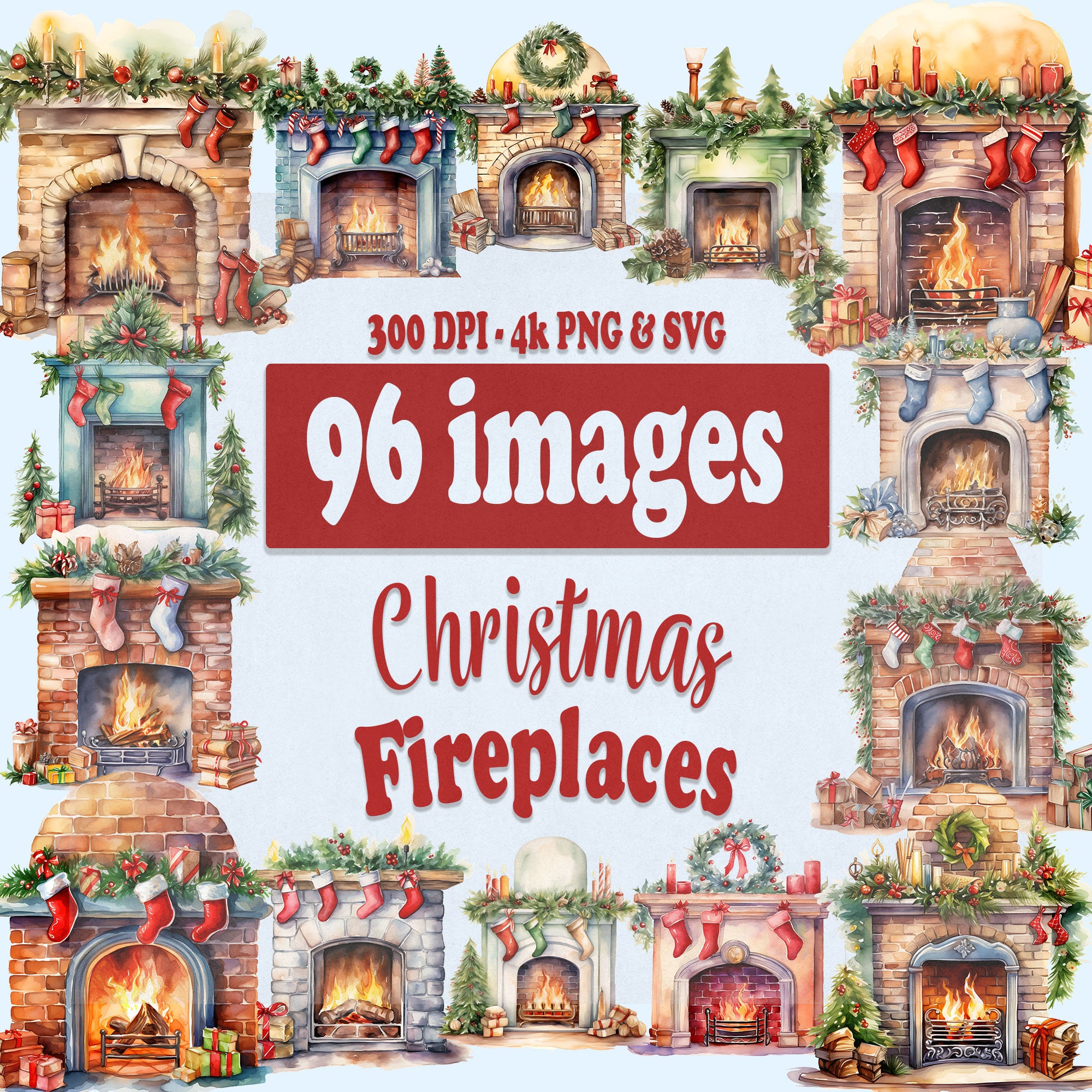 Christmas Cozy Fireplace Clipart Watercolor Winter Season - Etsy