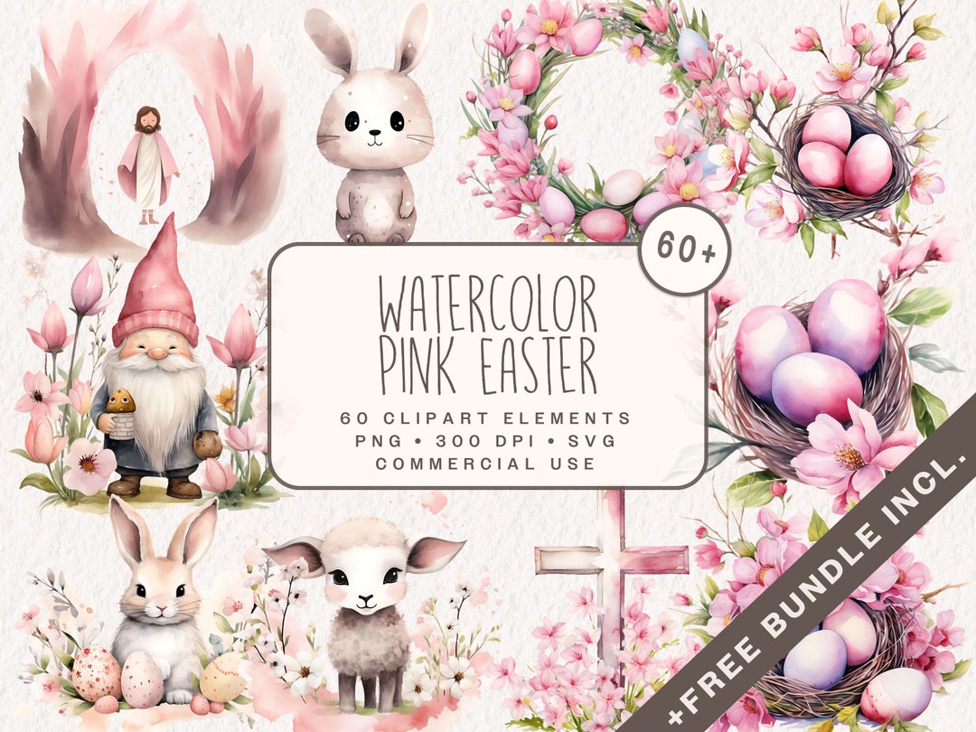 Watercolor Pink Easter Clipart Bundle, Cute Easter Graphics PNG & SVG ...