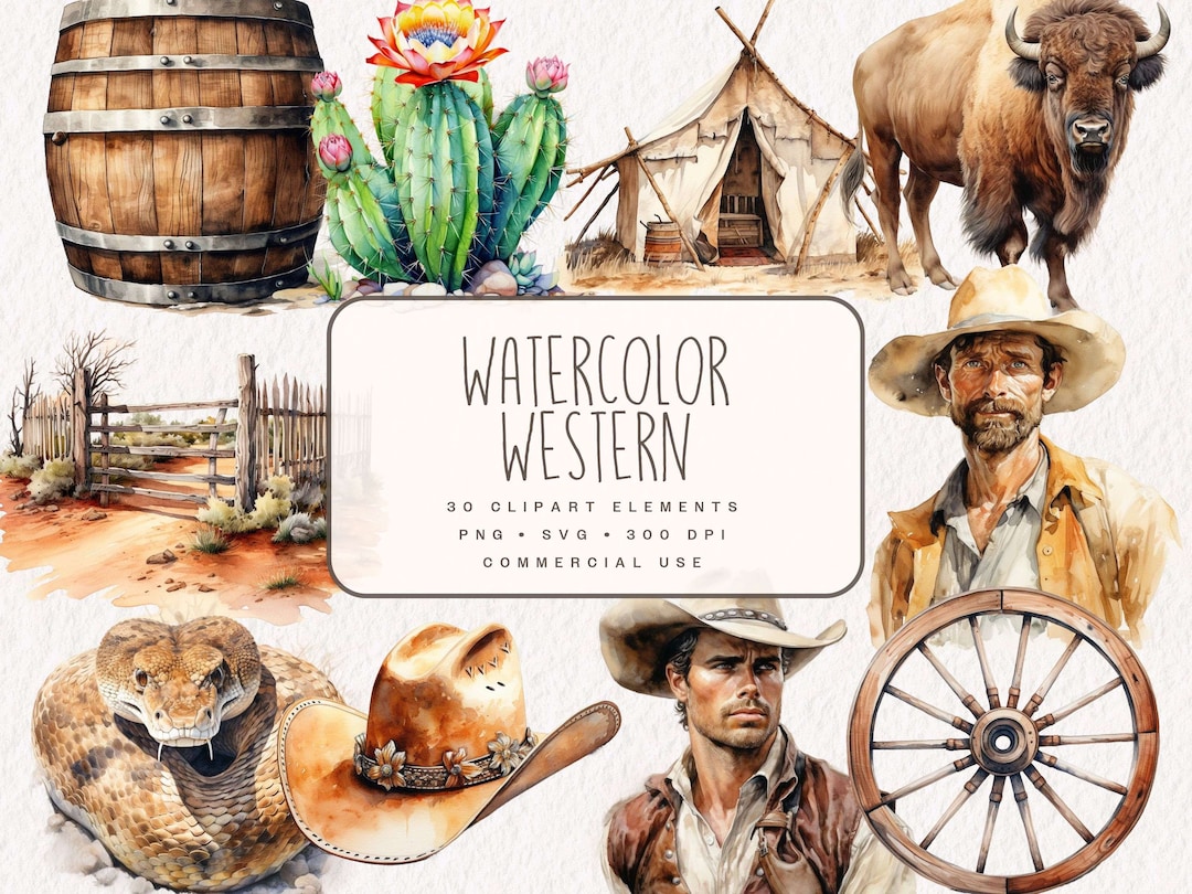 Watercolor Western Clipart Bundle, Cowboy Hat Horse Revolver Graphics ...