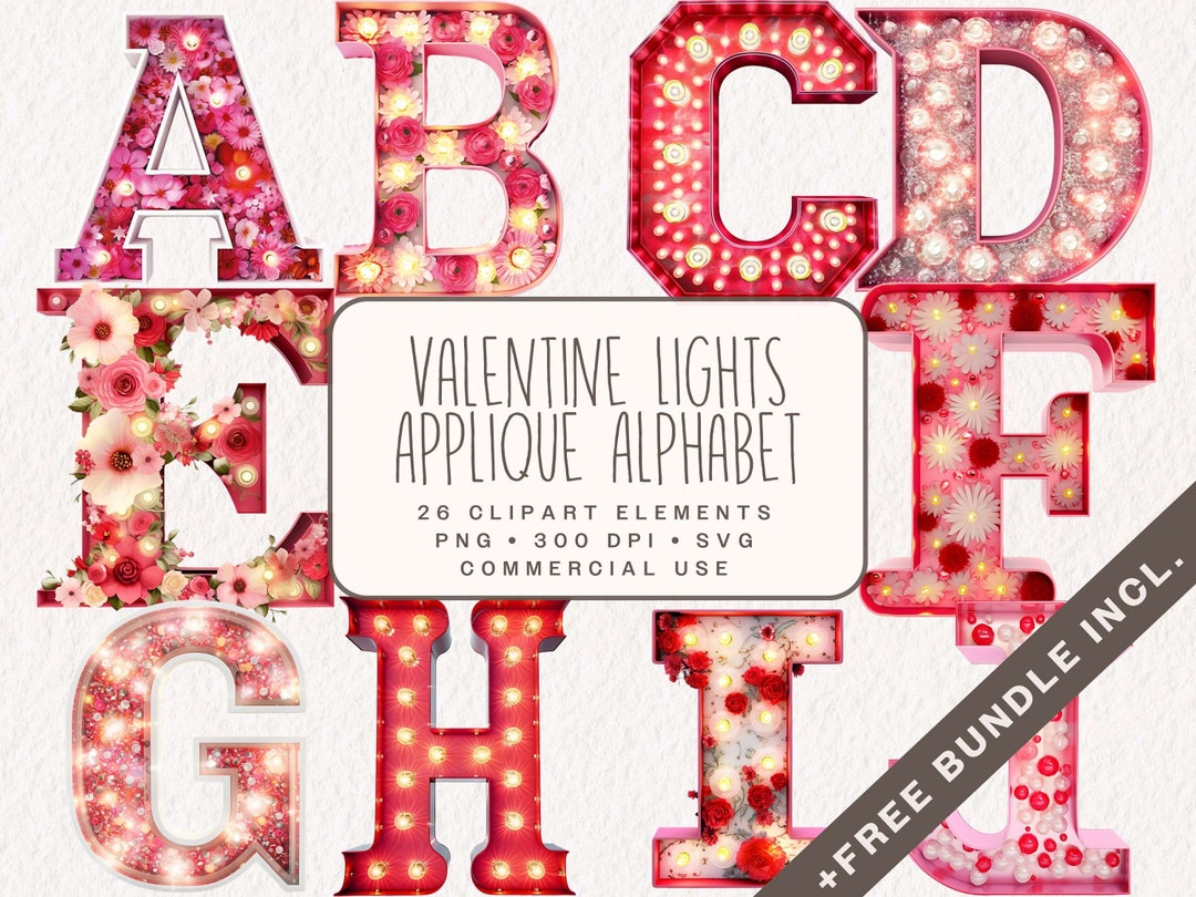 Valentine Lights Applique Alphabet Clipart Bundle, Cute Pink Valentines ...