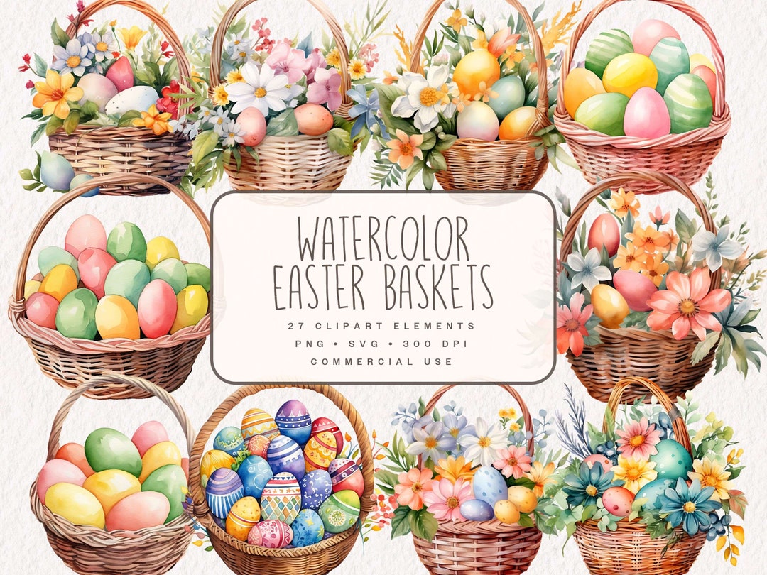 Watercolor Easter Baskets Clipart, Cute Easter Graphics in PNG and SVG ...
