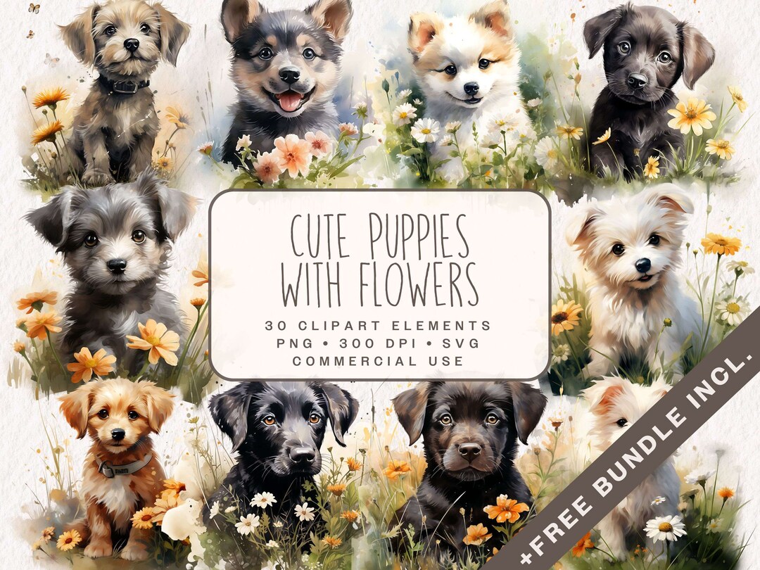 Floral Cute Puppies Clipart, Adorbable Dogs With Flower Graphics in PNG ...