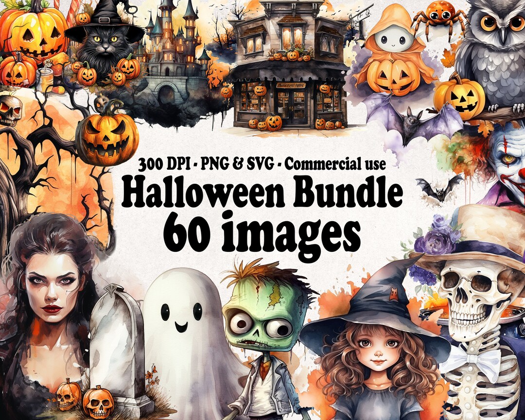 Watercolor Happy Halloween Clipart, 60 PNG & SVG Halloween Graphics ...