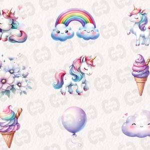 Cute Unicorn Clipart Bundle, Watercolor Unicorns Clip Art, Rainbow ...
