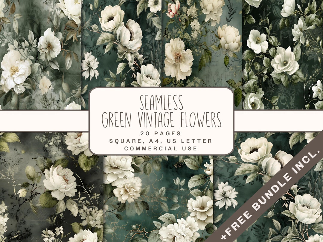 Seamless Green Vintage Flower Digital Paper, Printable Junk Journal ...