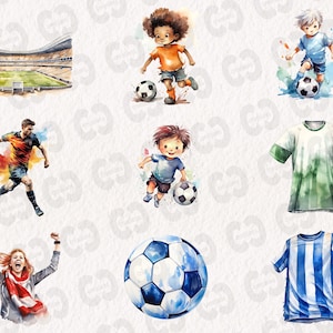 Watercolor Soccer Clipart Bundle, Cute Kids Playing Football Graphics ...