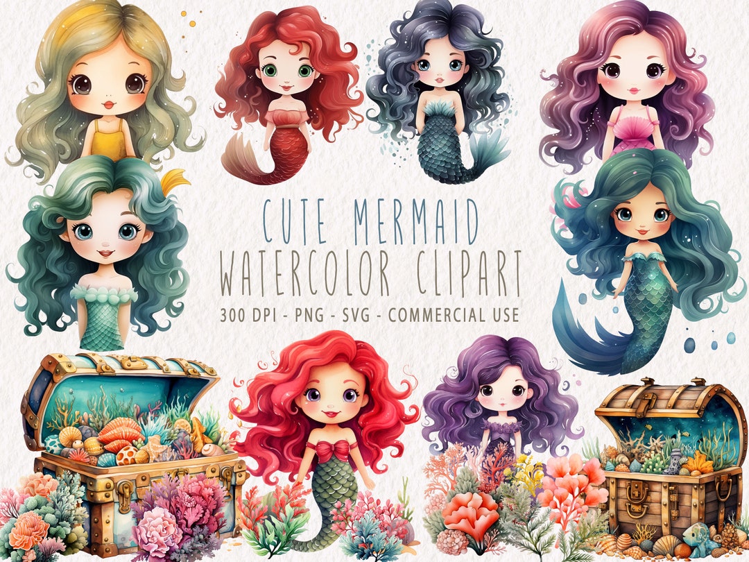 Cute Mermaid Clipart Bundle, Watercolor Mermaid PNG, Mermaid SVG ...