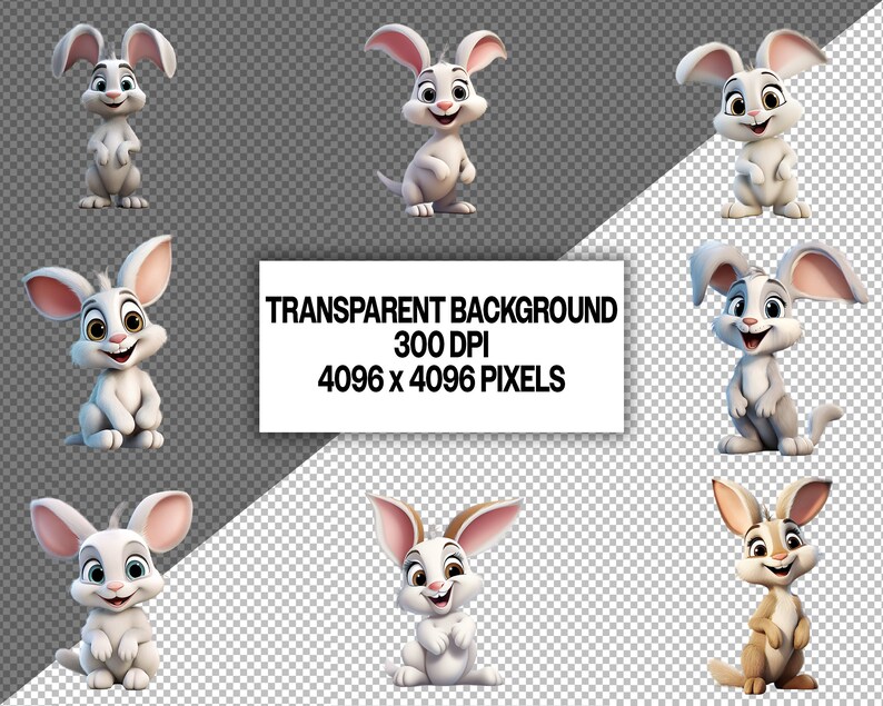 Cute Bunny Clipart PNG, Clip Art Set of 10 Animated Bunnies, Paper Work ...