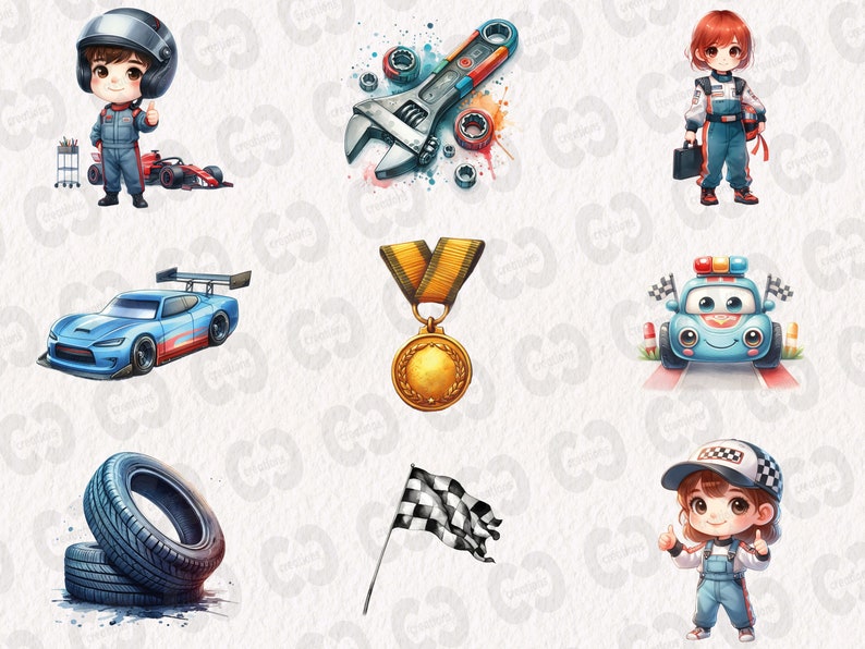 Watercolor Cute Racing Clipart Bundle, Race Car Graphics in PNG and SVG ...