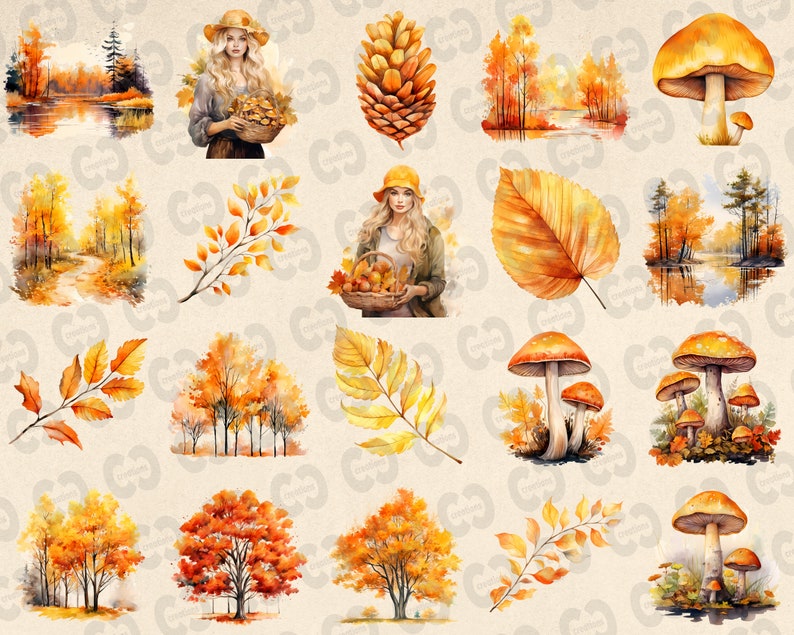 Watercolor Autumn Mega Clipart Bundle, 300 Fall Clip Art Graphics in ...