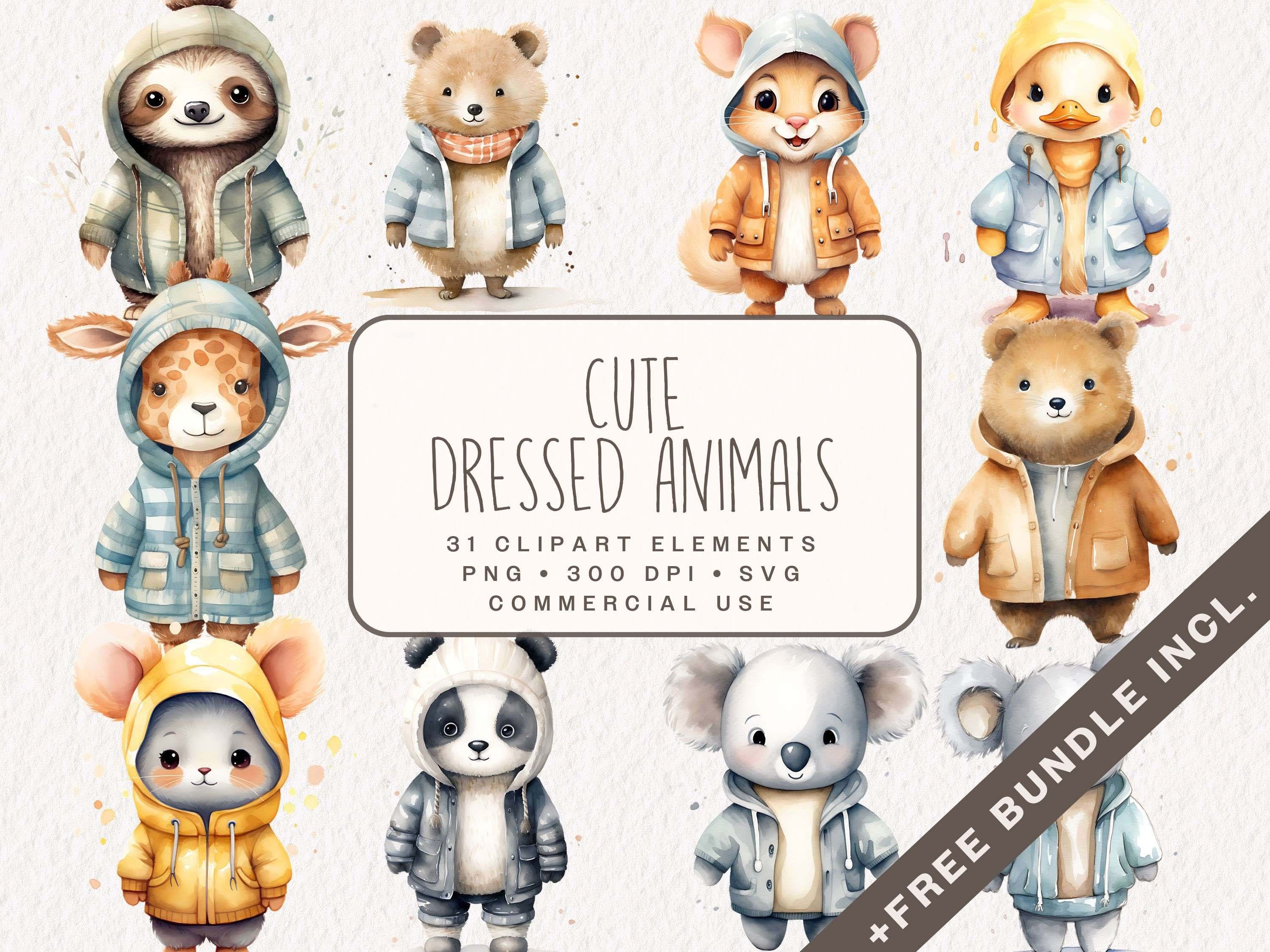 Cute Dressed Animals Clipart Watercolor Happy Baby Animals - Etsy