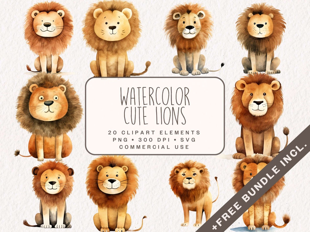 Watercolor Cute Lions Clipart Bundle, Safari Animals Graphics in PNG ...