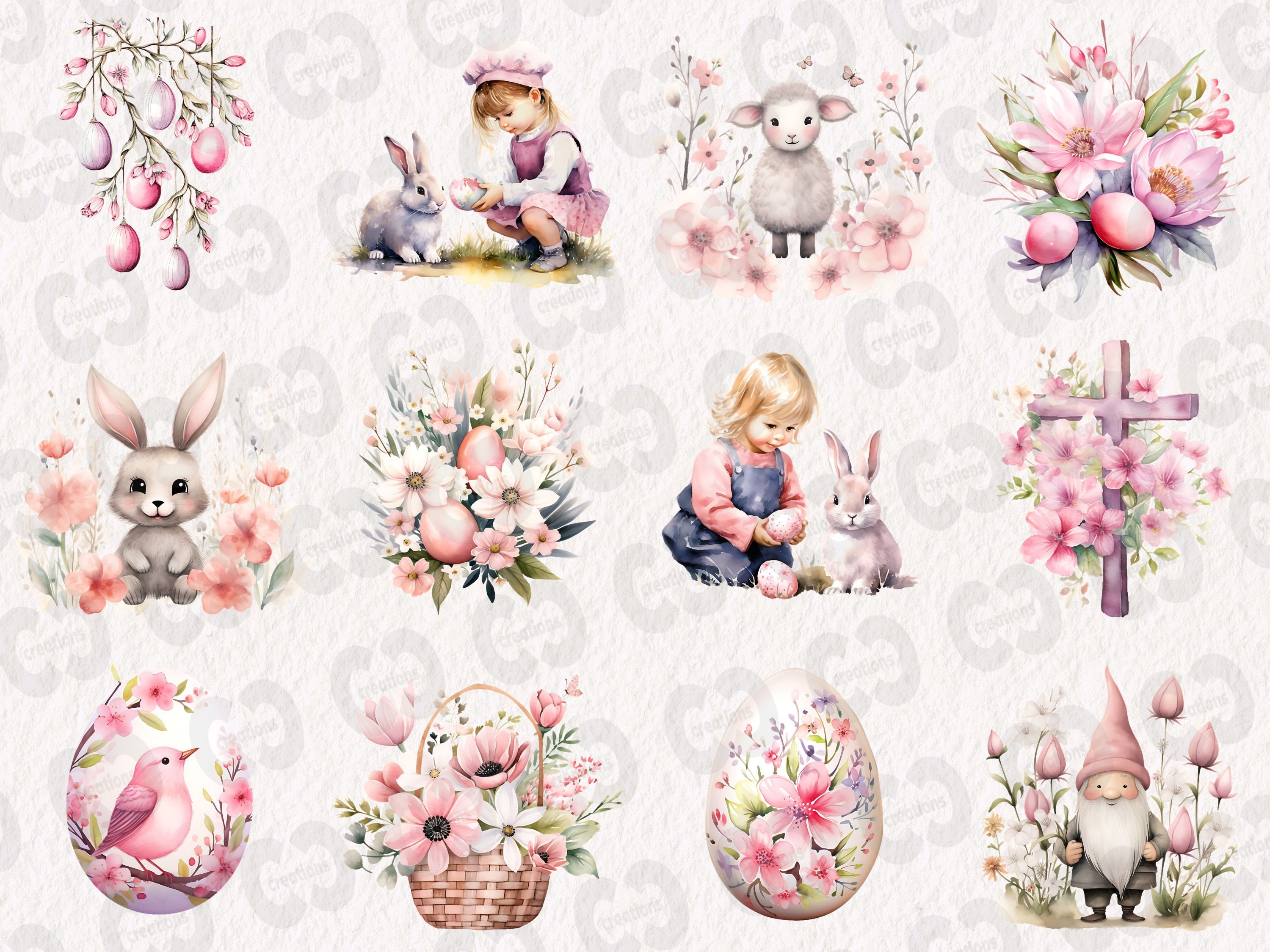 Watercolor Pink Easter Clipart Bundle, Cute Easter Graphics PNG & SVG ...