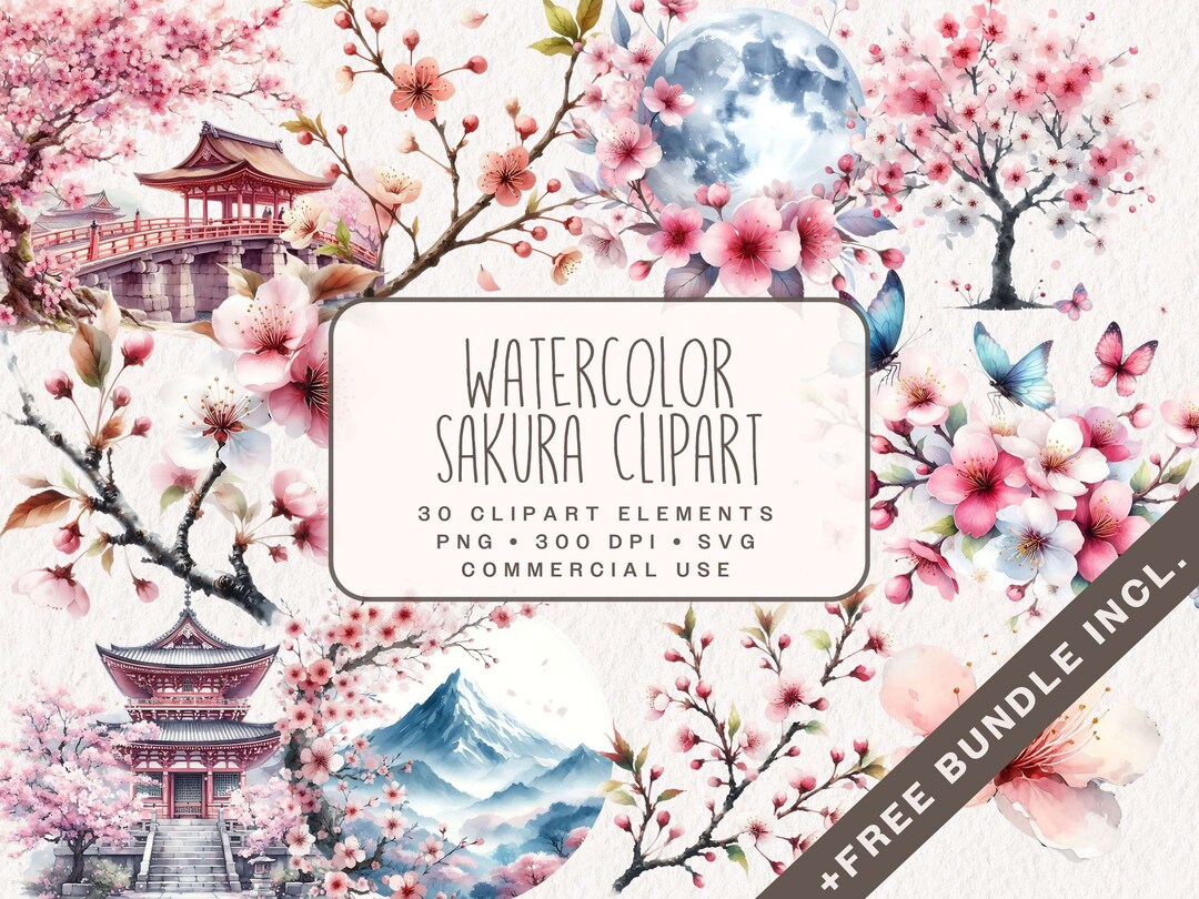 Watercolor Sakura Clipart Bundle, Forest Trees and Spring Cherry ...
