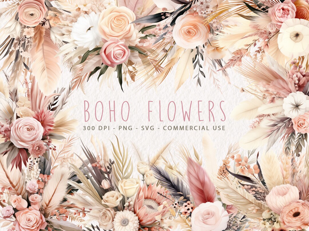 Watercolor Boho Flowers Clipart, Bohemian Floral Clipart, Boho Floral ...