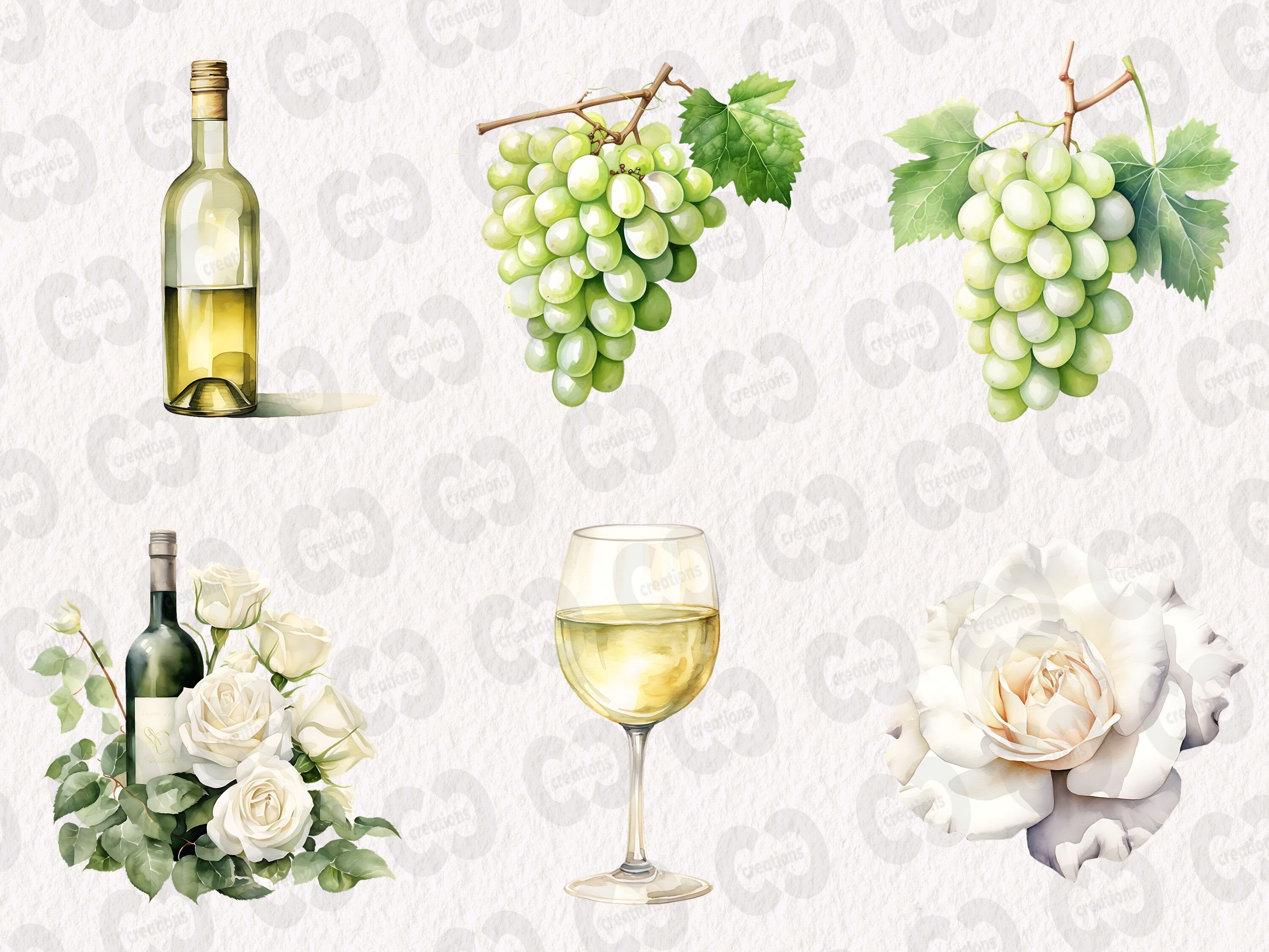 Watercolor White Wine Clipart, White Wine Glass Graphics, Grape and ...