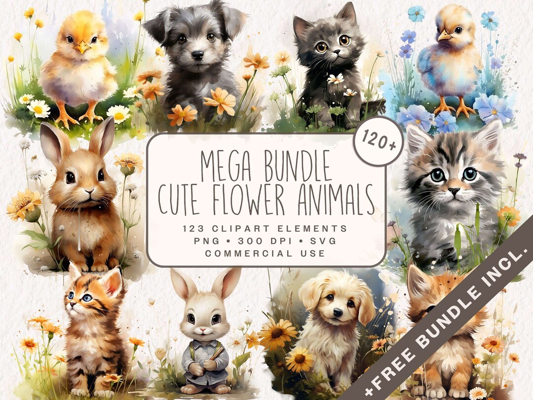 Cute Animals Mega Clipart Bundle, Watercolor Mouse, Chick, Puppy ...
