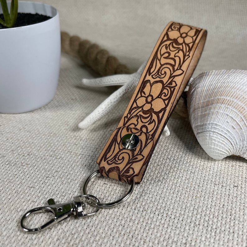 Engraved Tooled Leather Styled Floral Keychain | Keychains Strap | Keychain Wristlet Strap ...
