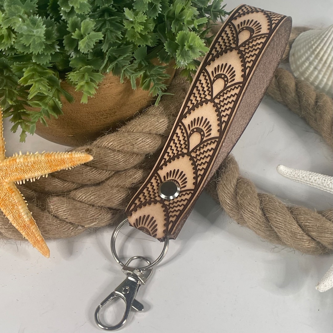 Engraved Tooled Leather Styled Floral Keychain | Keychains Strap ...