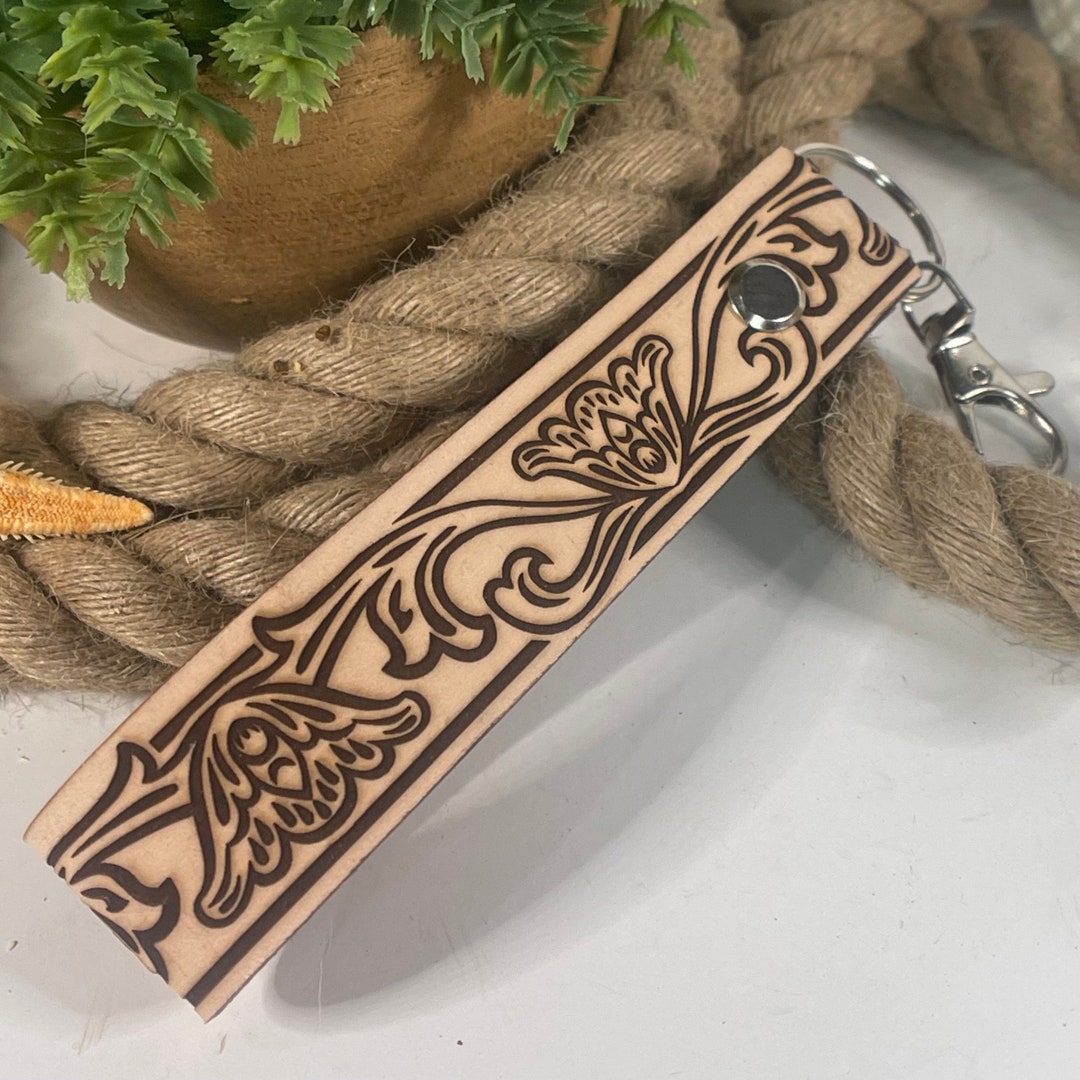 Engraved Tooled Leather Styled Floral Keychain Keychains Strap Keychain ...