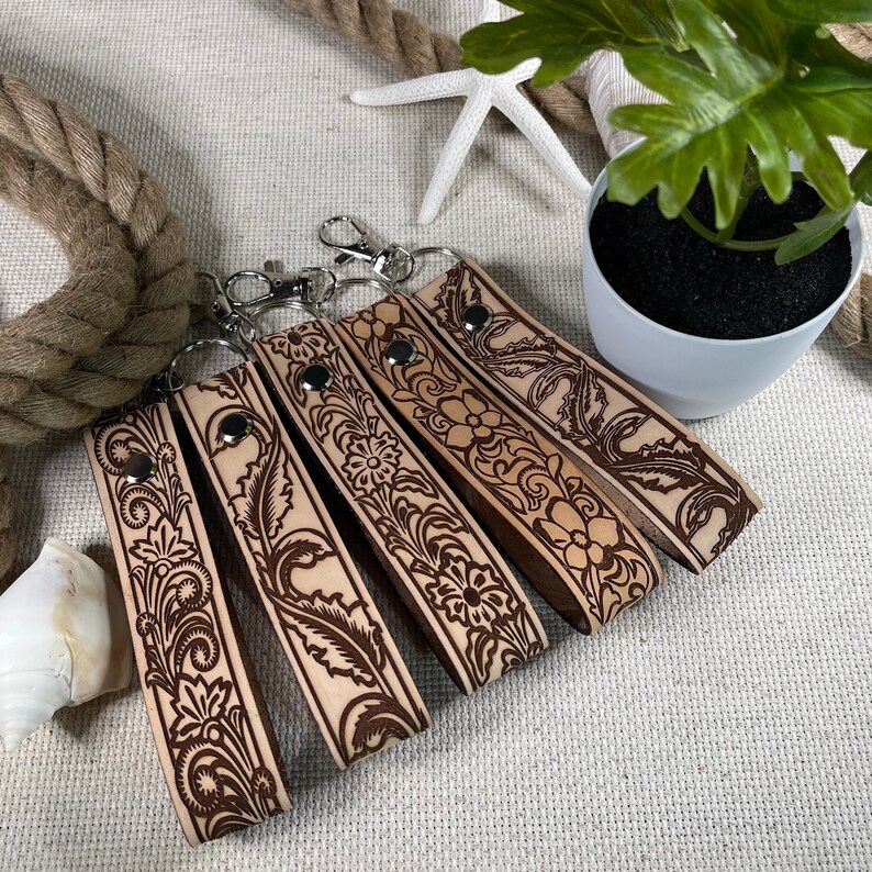 Engraved Tooled Leather Styled Floral Keychain Keychains Strap Keychain ...