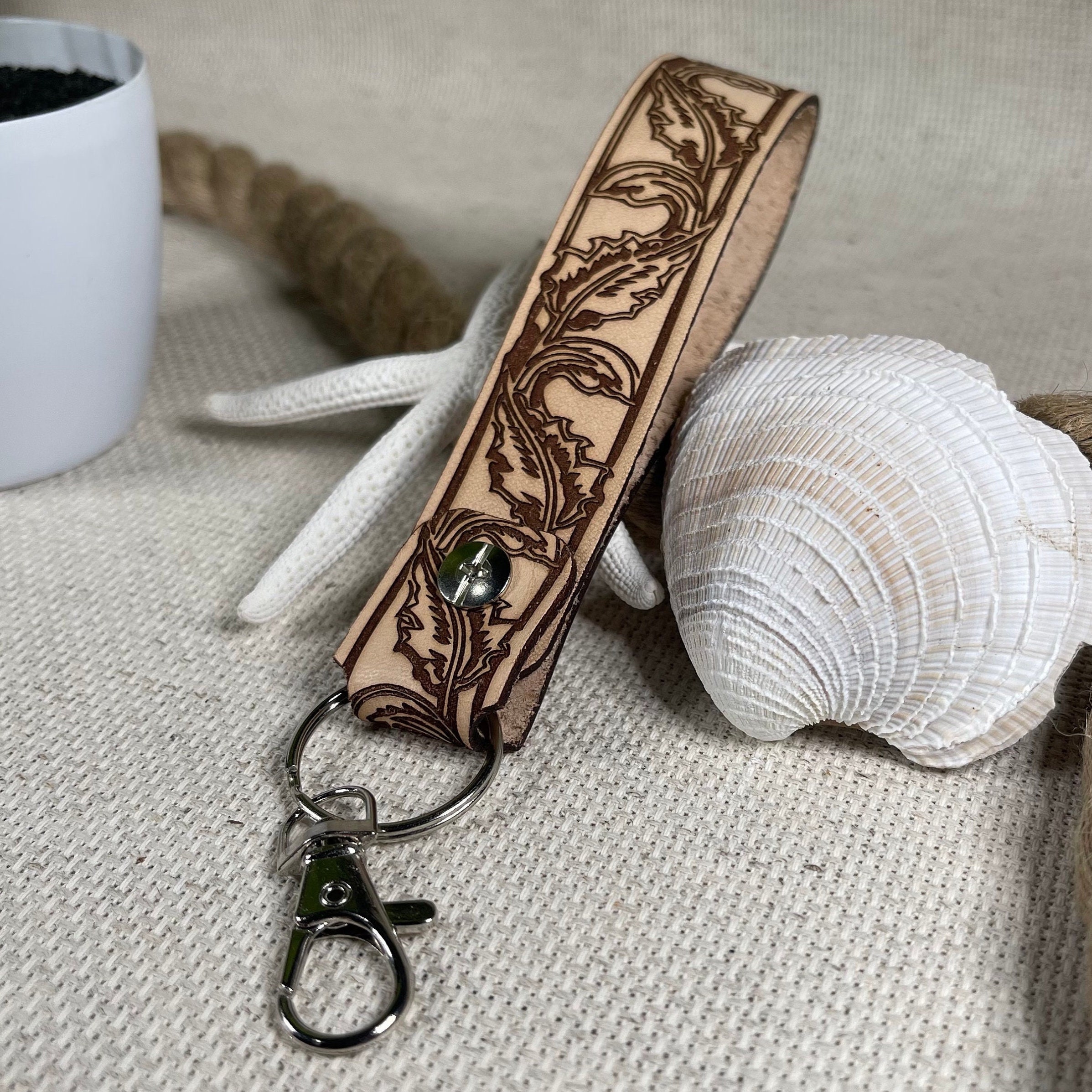 Engraved Tooled Leather Styled Floral Keychain | Keychains Strap ...