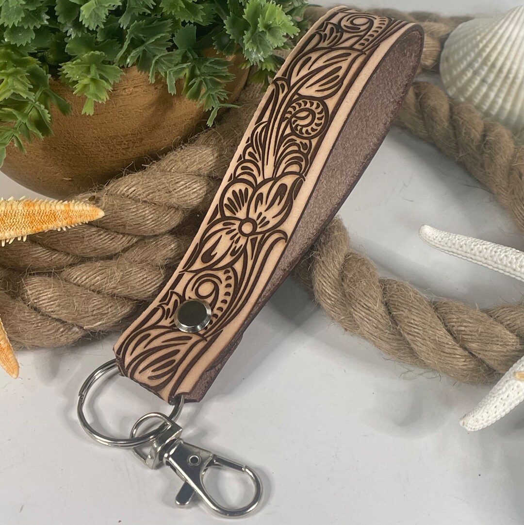 Engraved Tooled Leather Styled Floral Keychain | Keychains Strap ...