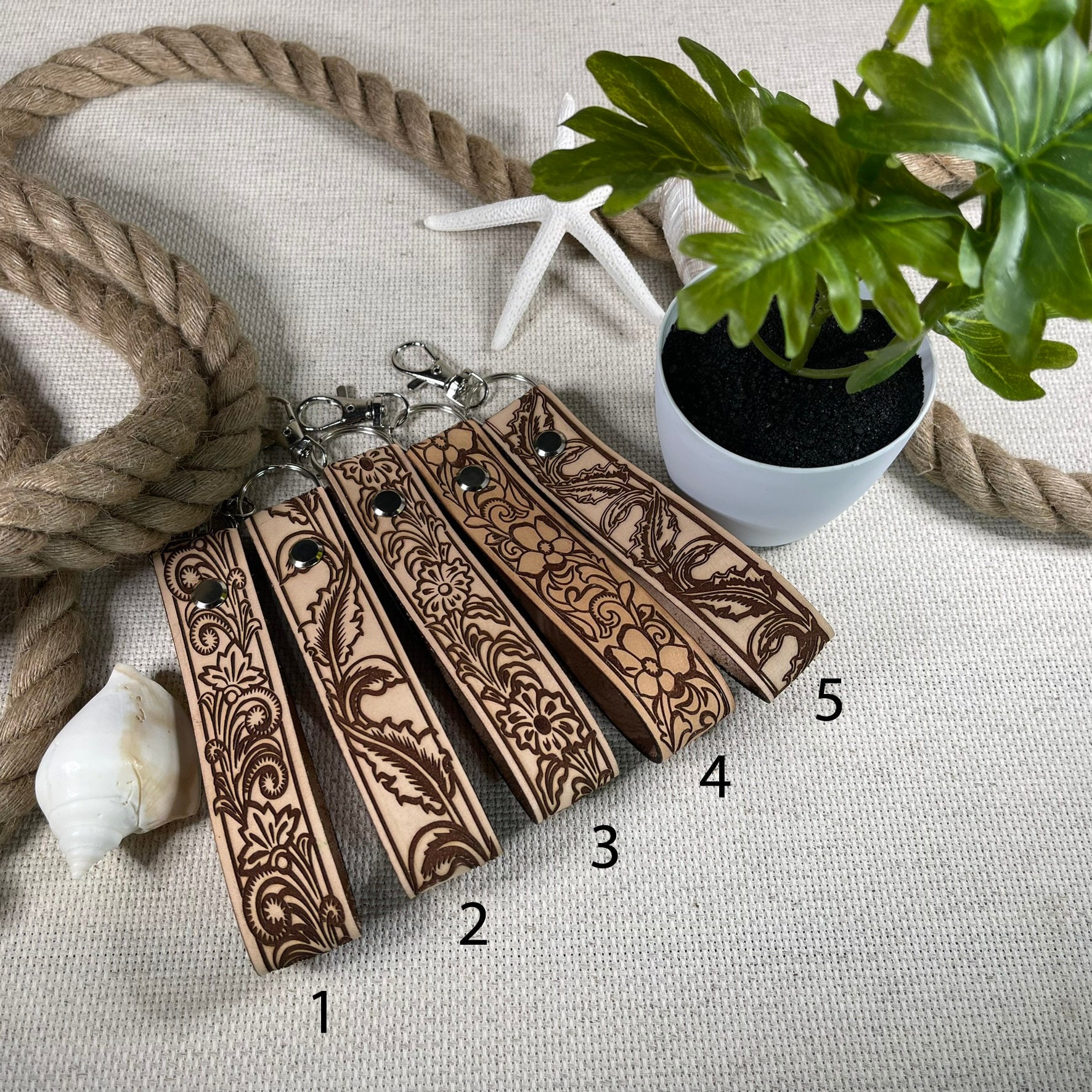 Engraved Tooled Leather Styled Floral Keychain | Keychains Strap ...