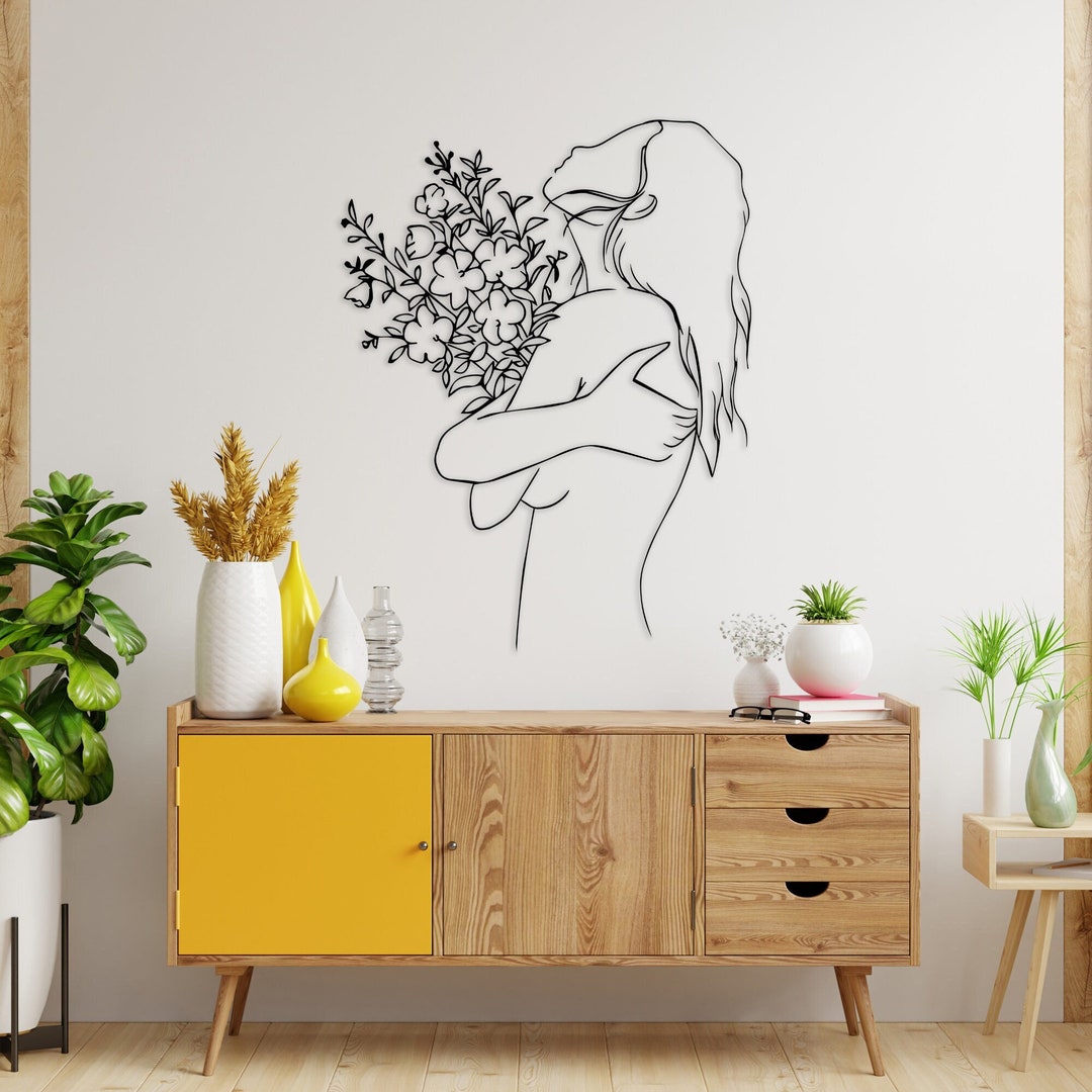 Woman Hugging Flowers Metal Wall Decor, Minimalist Line Art, Metal Wall ...