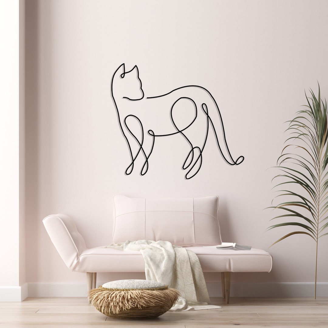 Cat Looking Back Wall Art, Minimalist Line Art, Animal Wall Art Metal ...