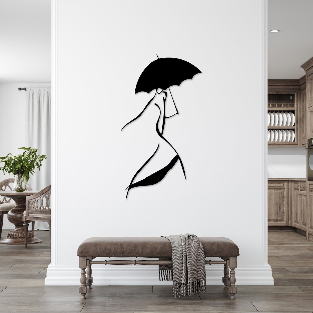 Woman With Umbrella Metal Wall Art: Minimalist Line Decor - Etsy