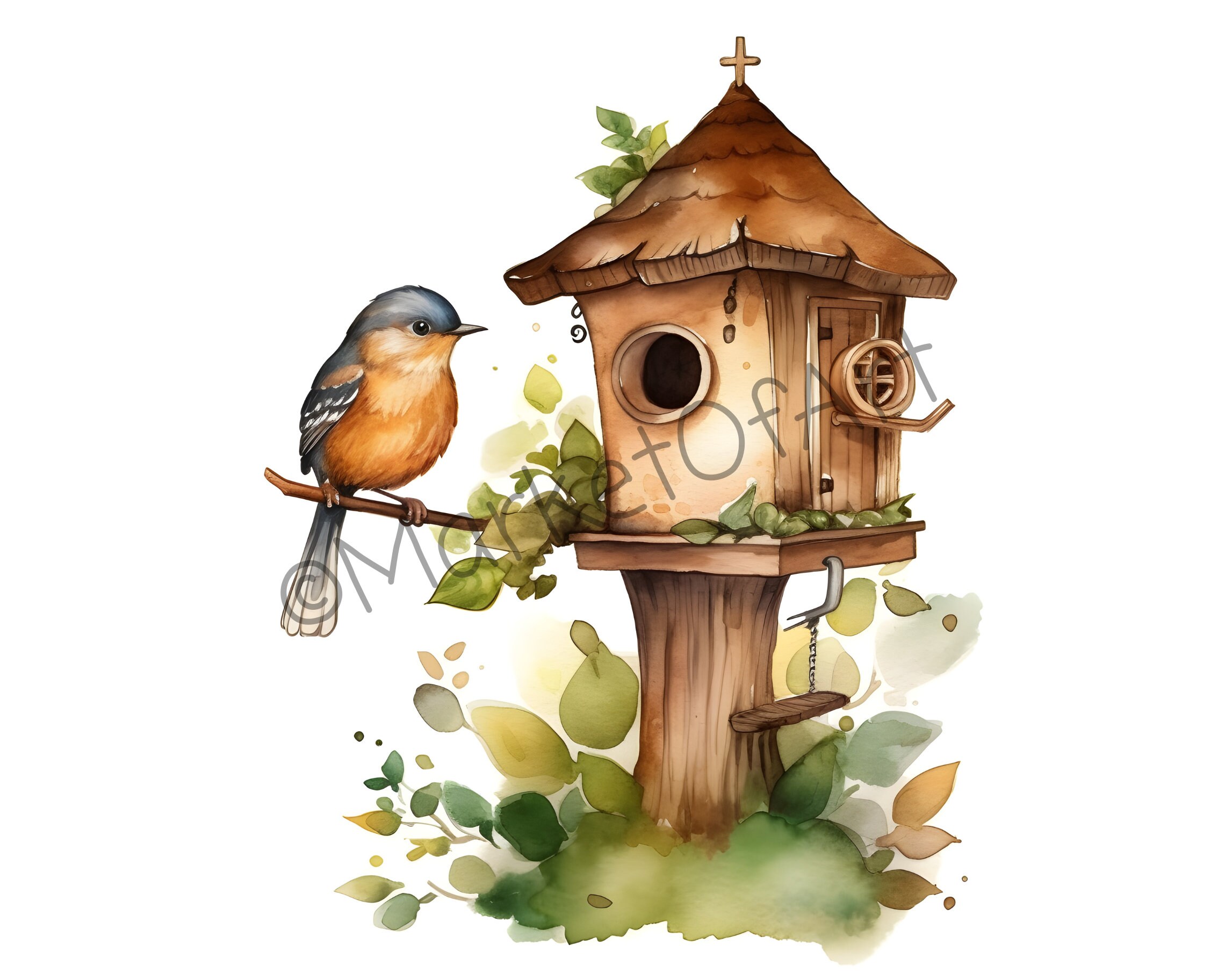Birdhouse Clipart Watercolor | 30 Birdhouses With Birds Clipart | High ...