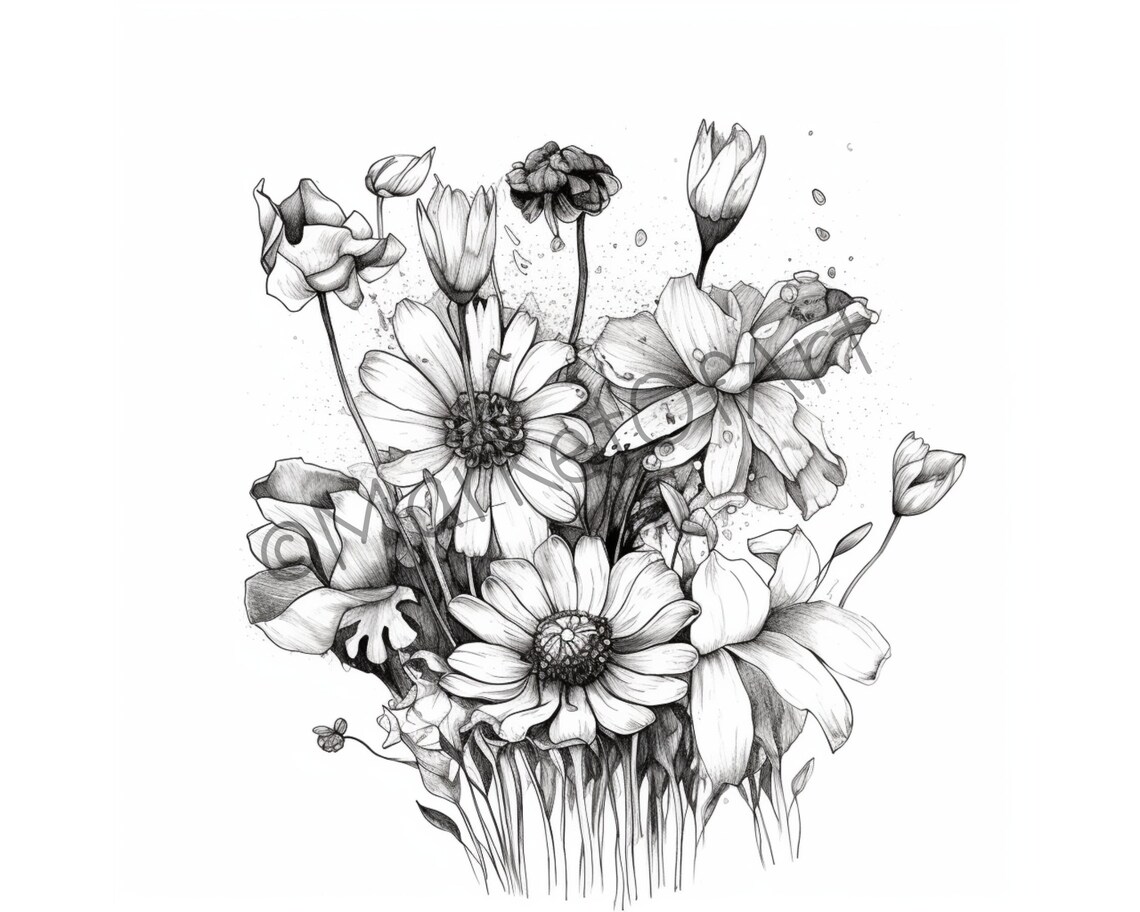 10 Beautiful Black and White Sketches of Flowers Clipart, Black and ...