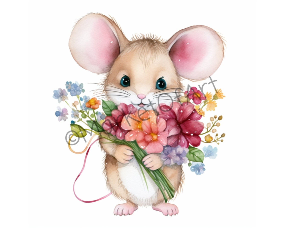 12 Adorable Animals Holding Flowers Watercolor Clipart Animal - Etsy