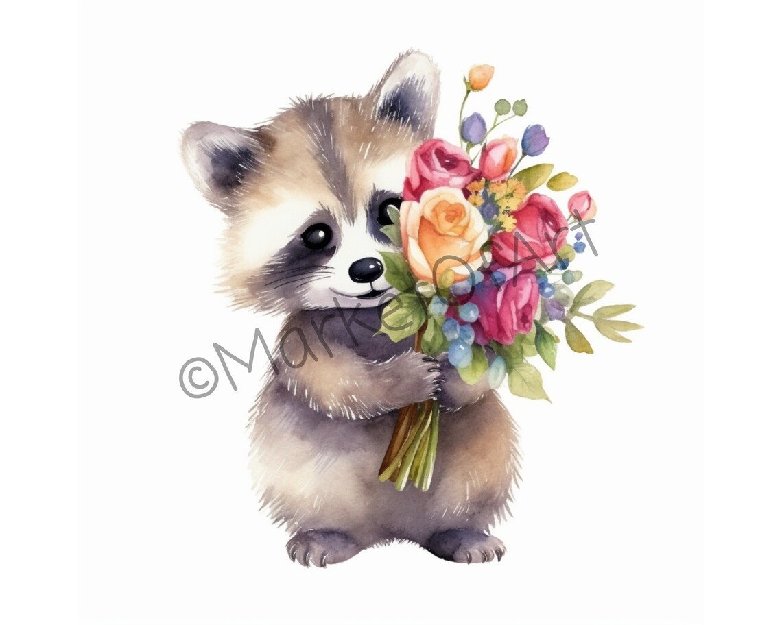 12 Adorable Animals Holding Flowers Watercolor Clipart Animal - Etsy