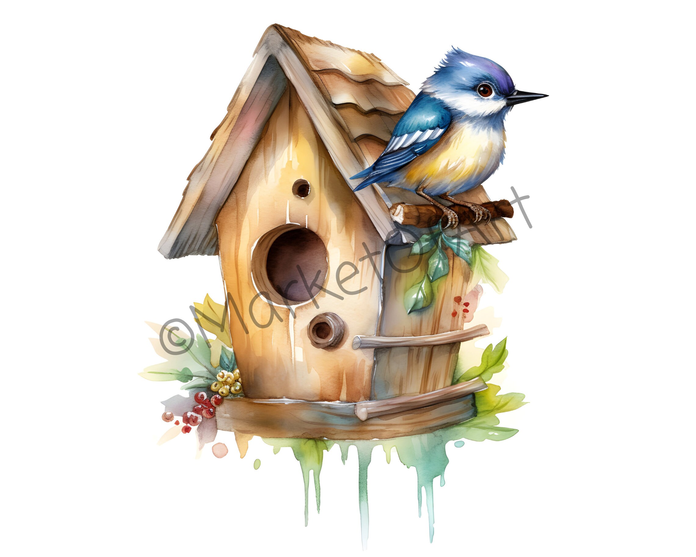 Birdhouse Clipart Watercolor | 30 Birdhouses With Birds Clipart | High ...