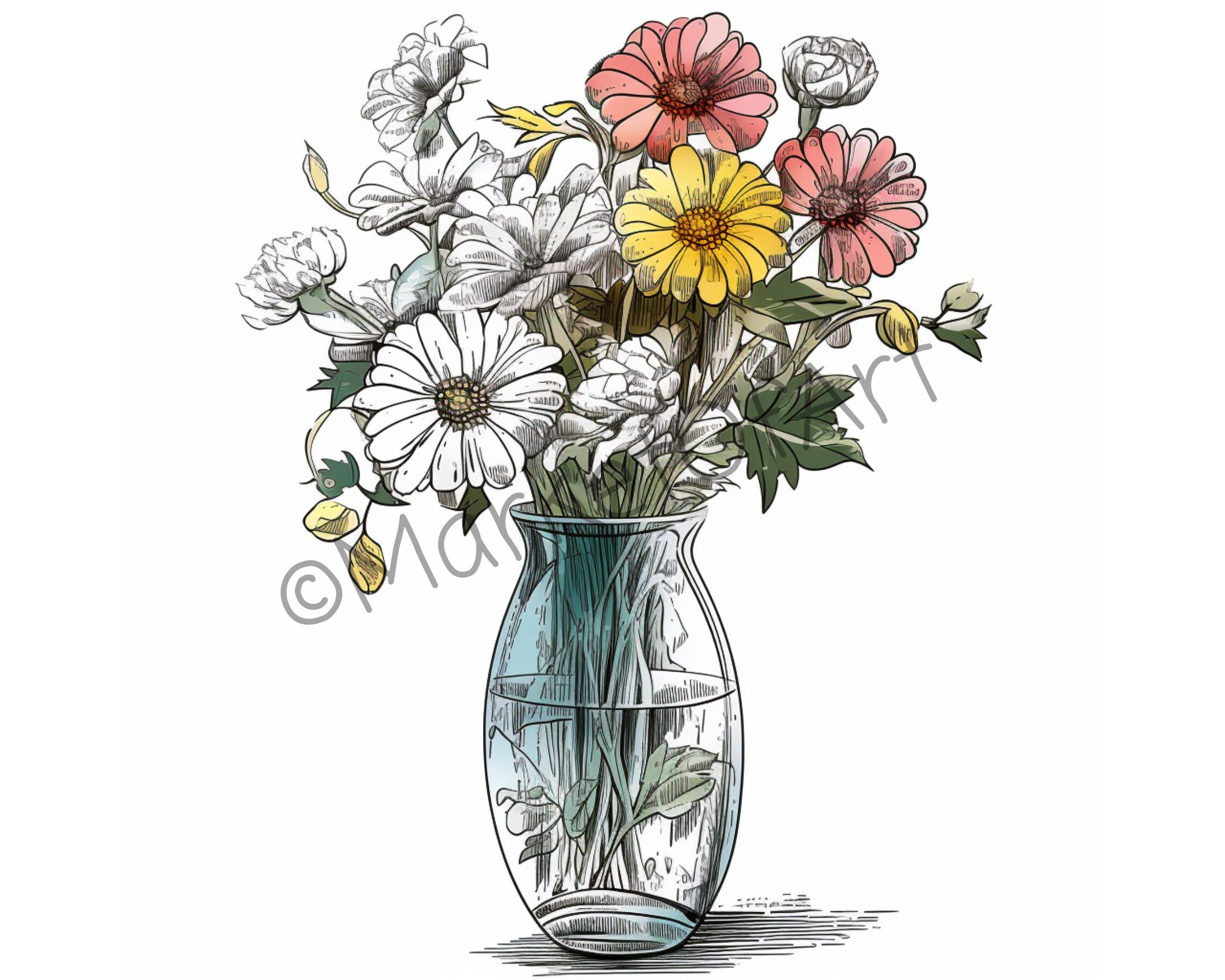 15 Colour Sketches of Flowers in Vases Clipart, Sketch, 15 High Quality ...