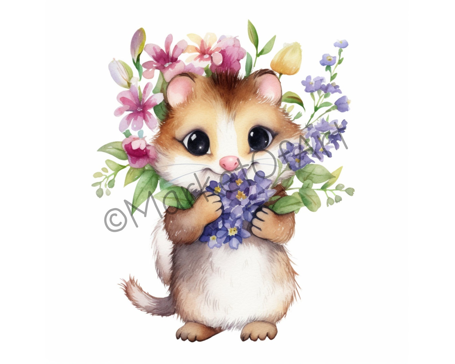 12 Adorable Animals Holding Flowers Watercolor Clipart Animal - Etsy