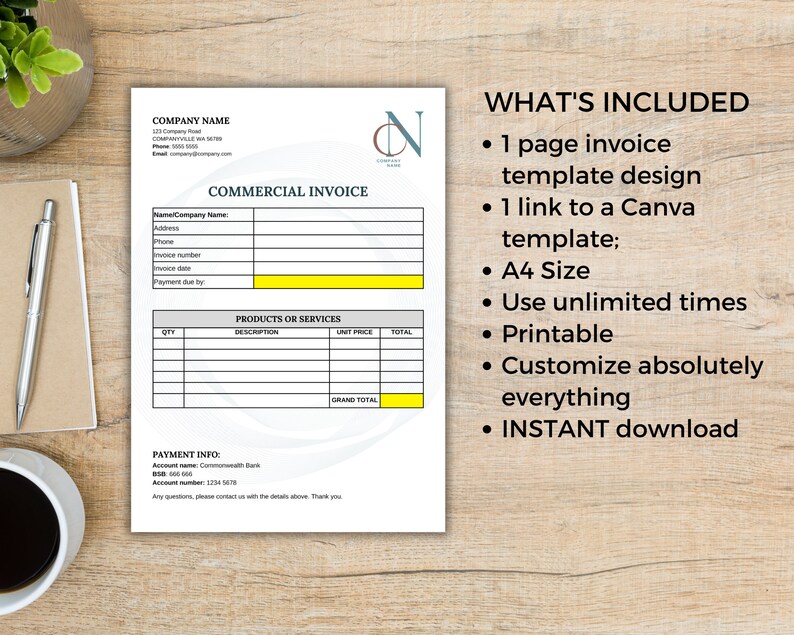 Commercial Canva Invoice Template | Customizable and Editable | INSTANT ...