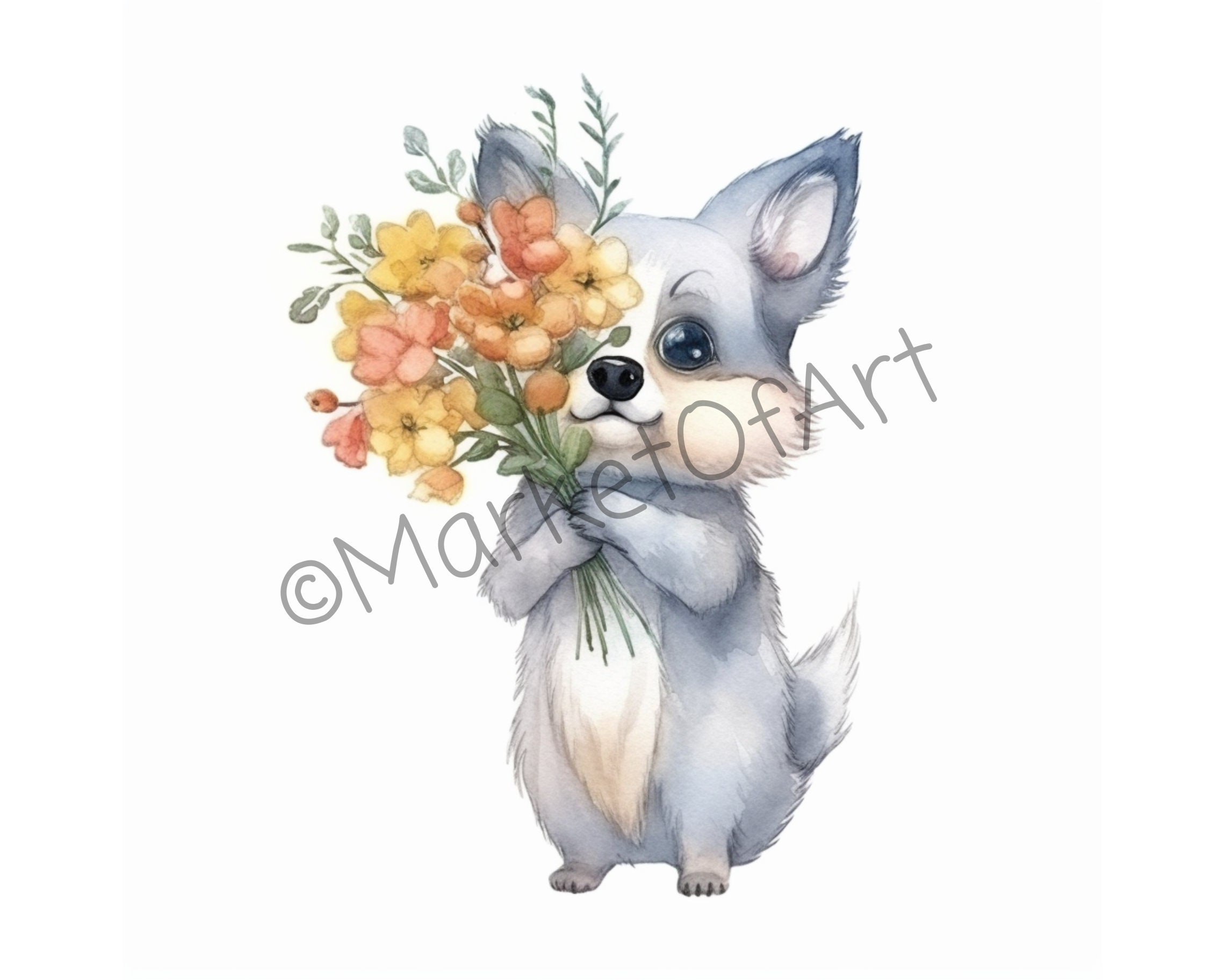 12 Adorable Animals Holding Flowers Watercolor Clipart Animal - Etsy