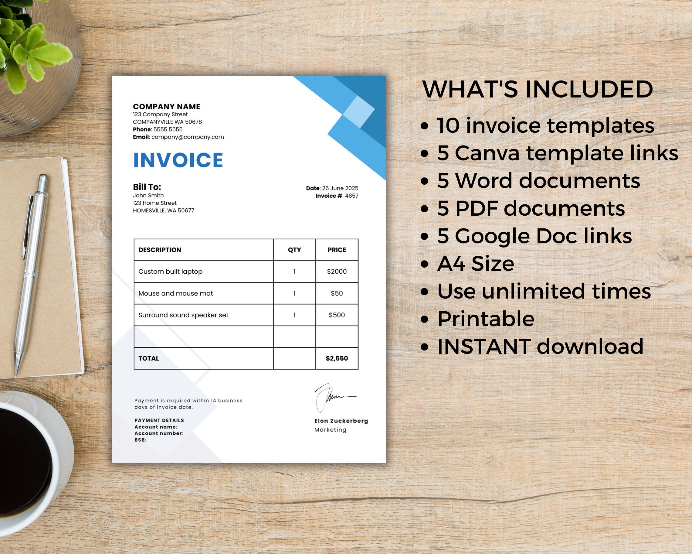 Editable Invoice Template Bundle: 5 Canva 5 Word/pdf/gdocs Digital ...