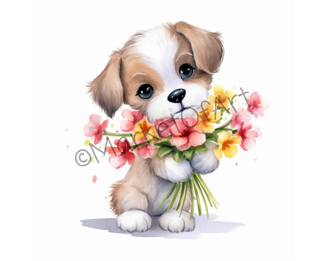 12 Adorable Animals Holding Flowers Watercolor Clipart Animal - Etsy