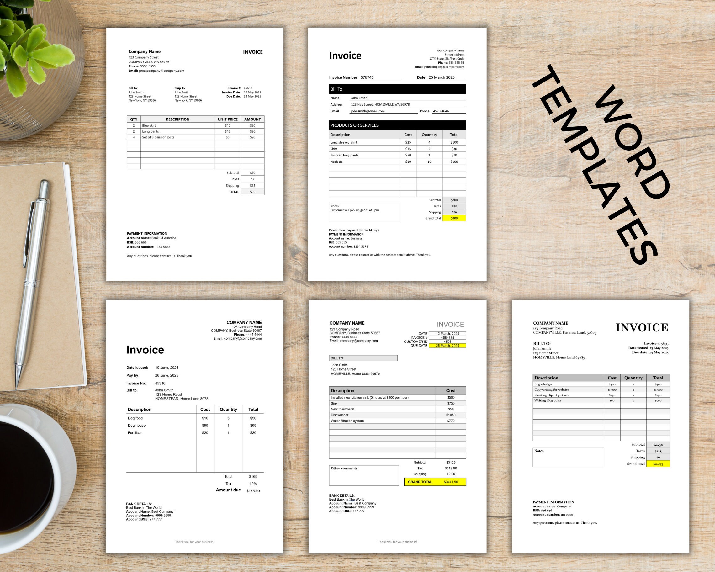Editable Invoice Template Bundle: 5 Canva 5 Word/pdf/gdocs Digital Download Customizable ...