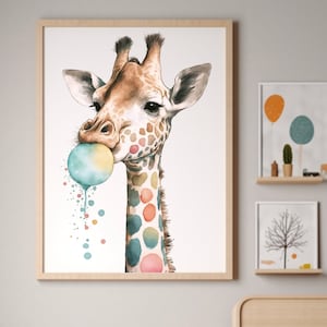 Boho Nursery Baby Giraffe With Balloon Nursery Wall Art, Neutral Colors ...