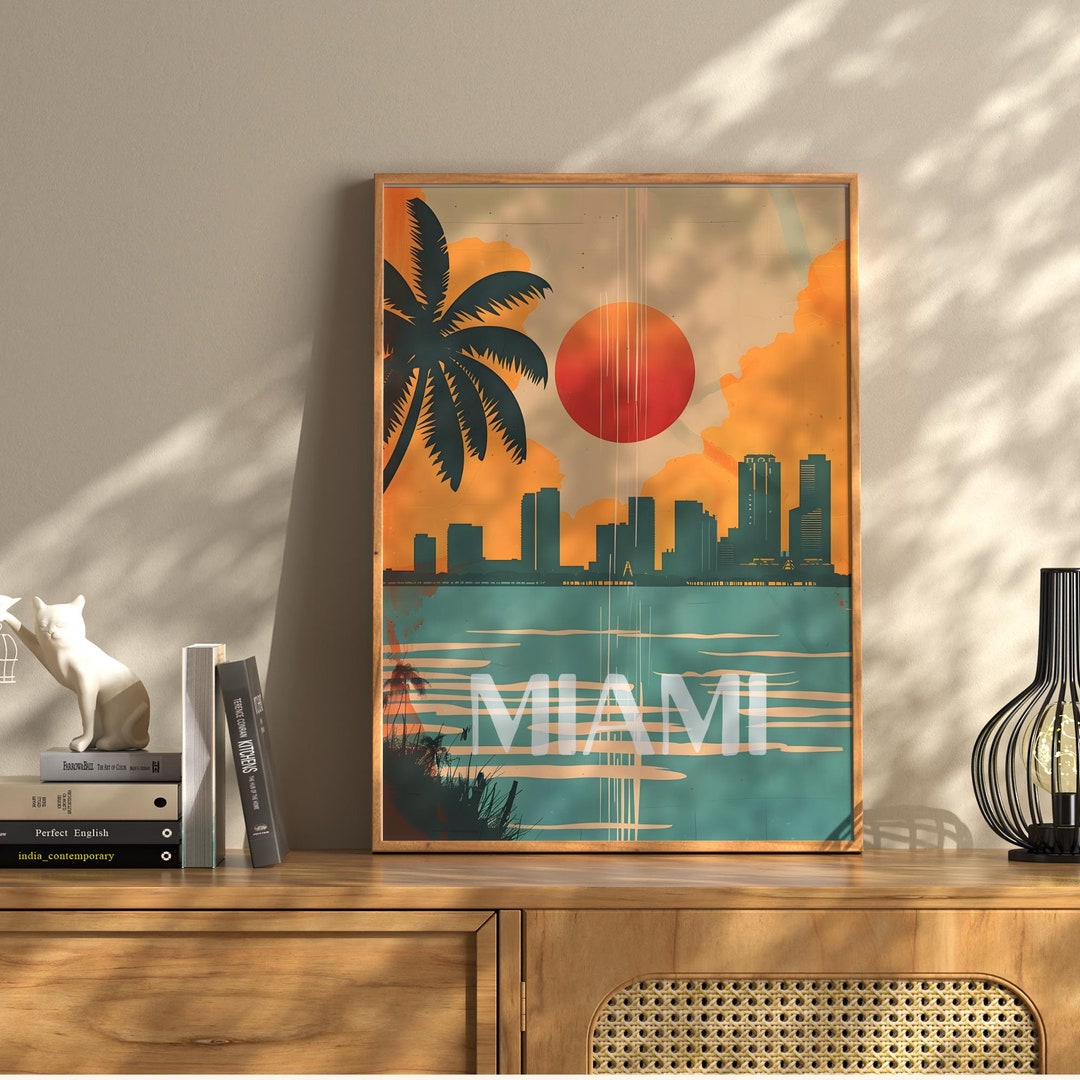 Wood Framed Vintage Retro Miami Beach Travel Wall Art Print, Retro ...