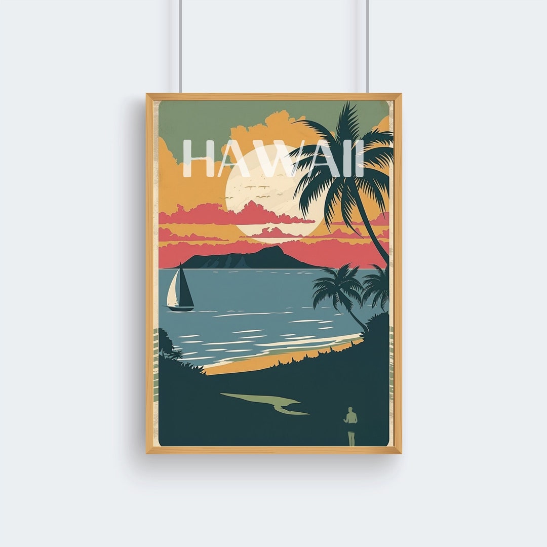 Vintage Retro Hawaii Travel Art Poster, Hawaii Travel Gift, Printable ...