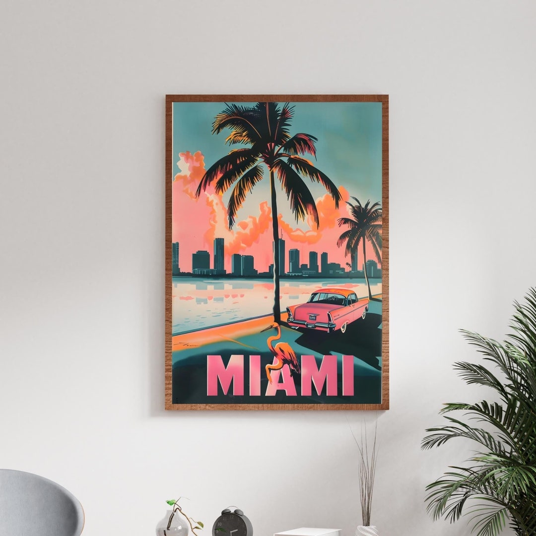 Wood Frame Vintage Retro Miami Beach Travel Wall Art Print, Retro Miami ...
