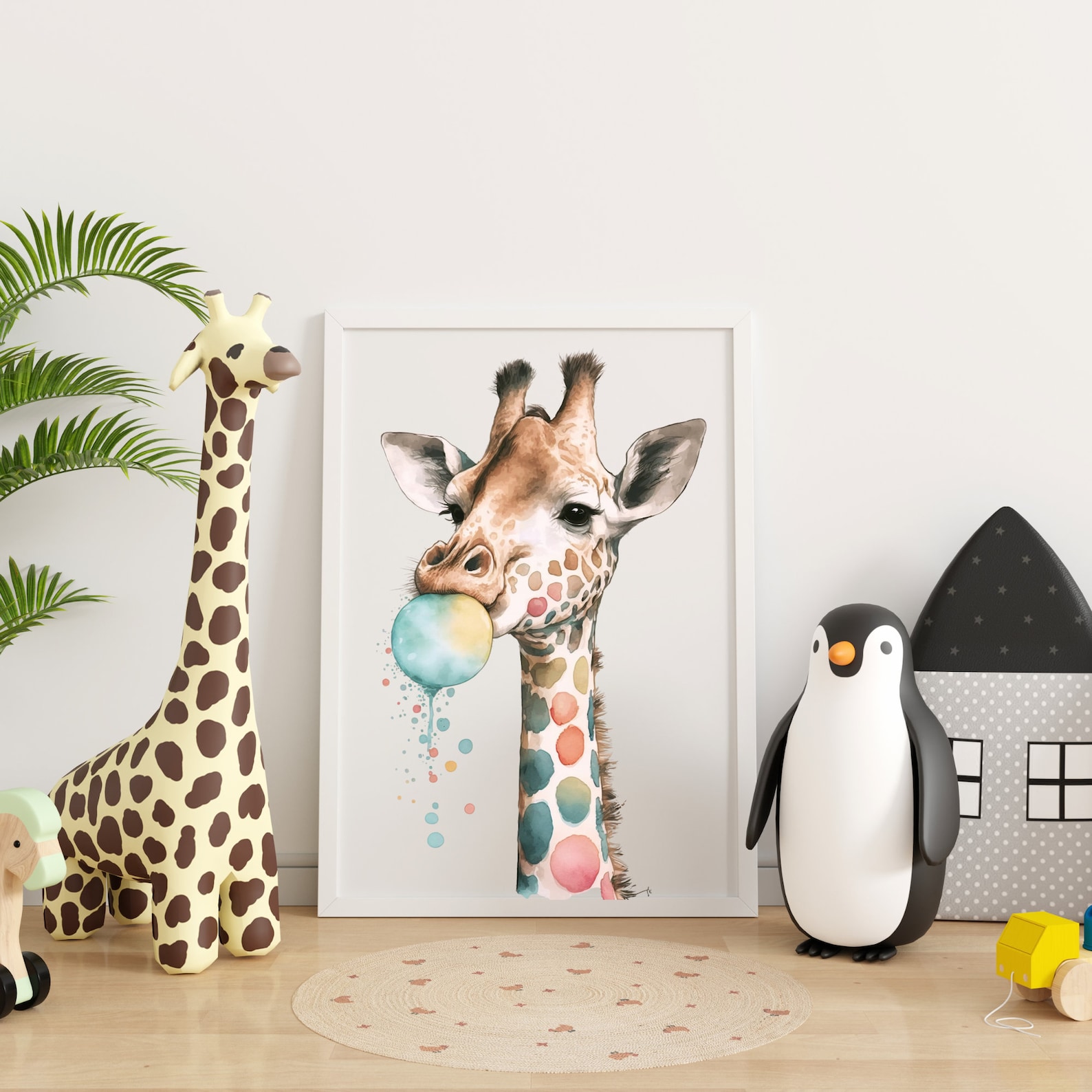 Boho Nursery Baby Giraffe With Balloon Nursery Wall Art, Neutral Colors ...